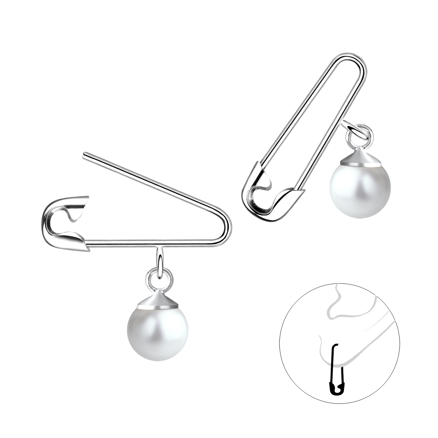 925 Silver Jewelry | Silver Safety Pin Hoop Earrings With Pearl - 11760