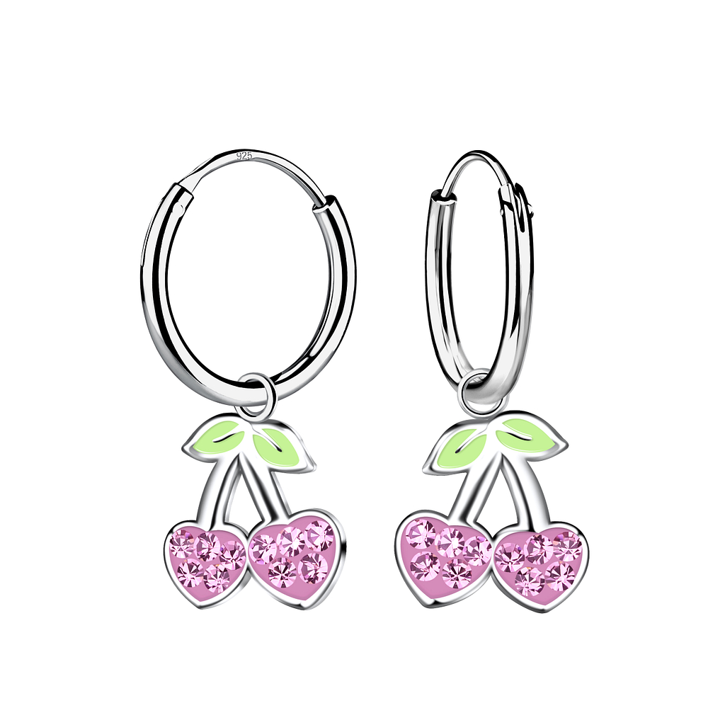 925 Silver Jewelry | Silver Cherry Charm Hoop Earrings - 21643