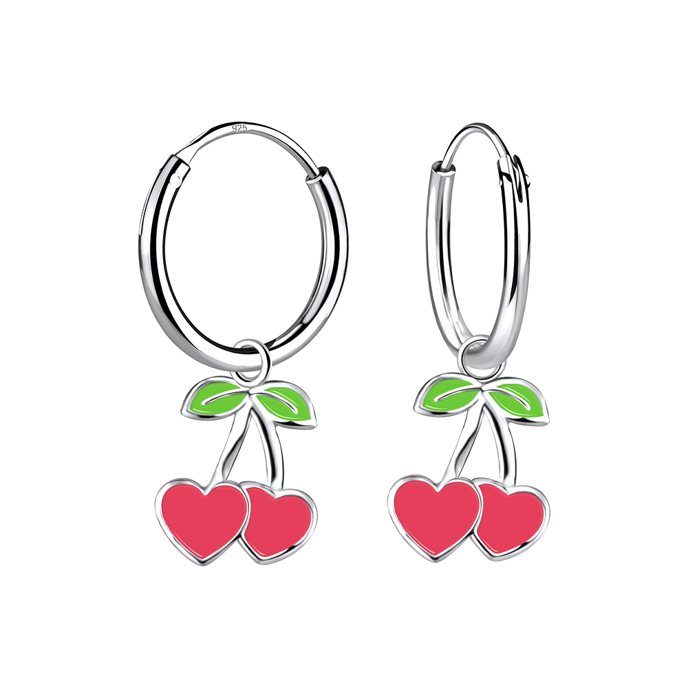 925 Silver Jewelry | Silver Cherry Heart Charm Hoop Earrings - 23130