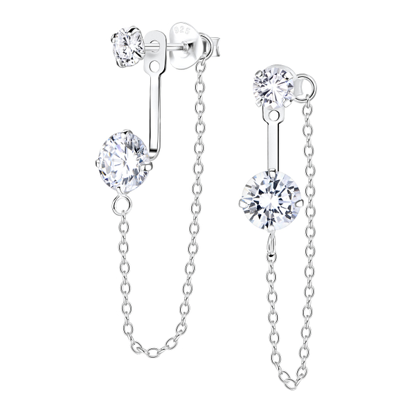 925 Silver Jewelry | Silver Double Round Ear Jacket With Chain - 6188