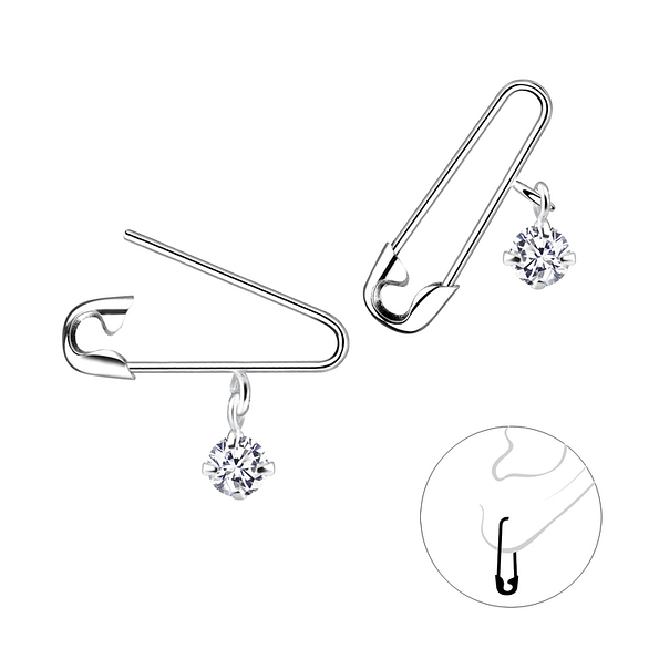 925 Silver Jewelry | Silver Safety Pin Hoop Earrings With Cubic ...