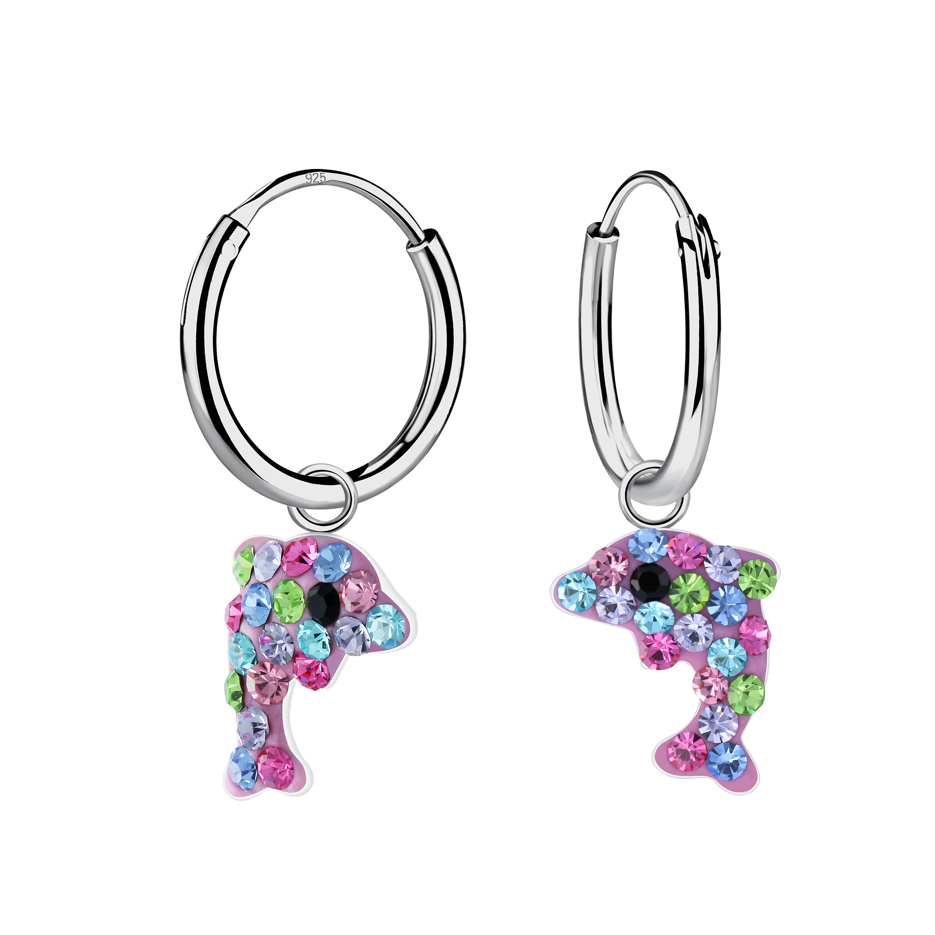 925 Silver Jewelry | Silver Dolphin Crystal Charm Hoop Earrings - 17909