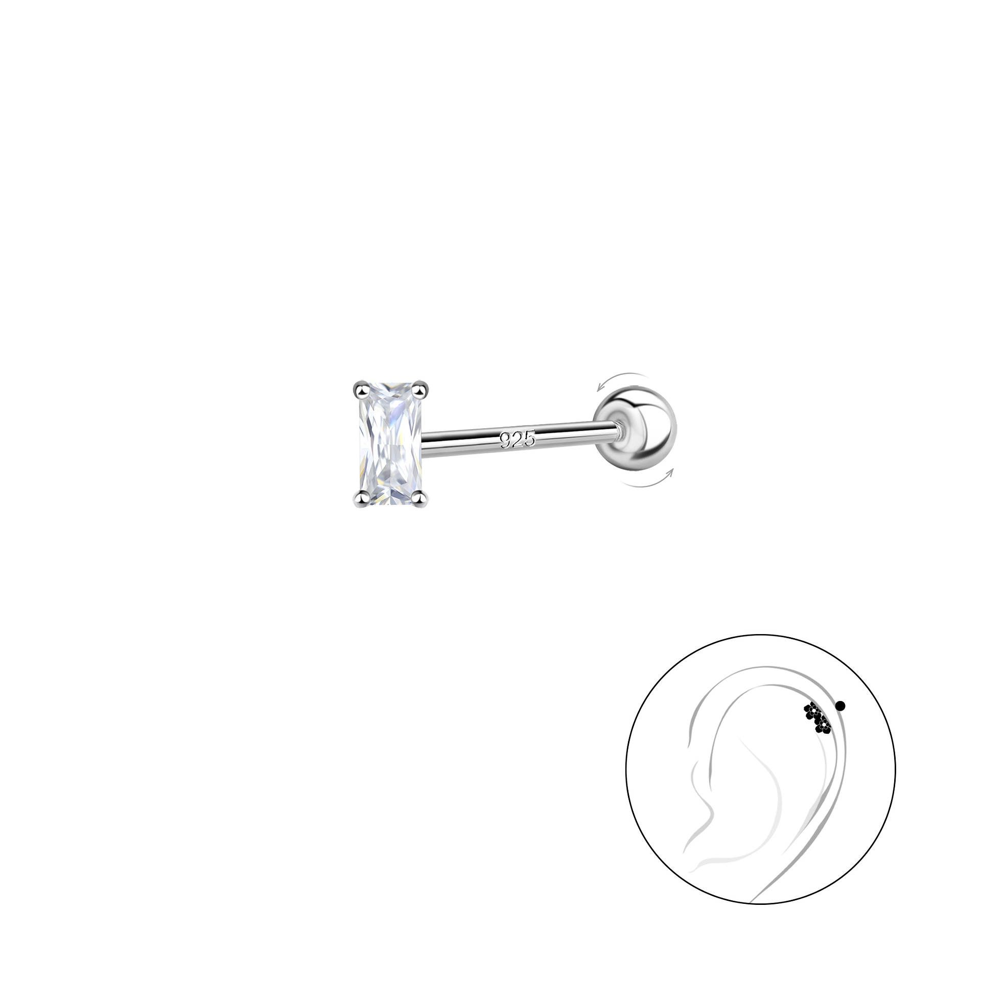 925 Silver Jewelry | Silver Baguette Cartilage Stud With Silver Ball ...