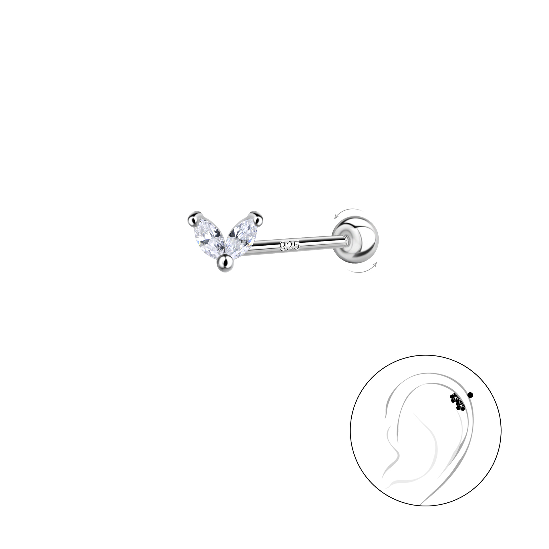 925 Silver Jewelry | Silver Heart Cartilage Stud With Silver Ball Screw ...