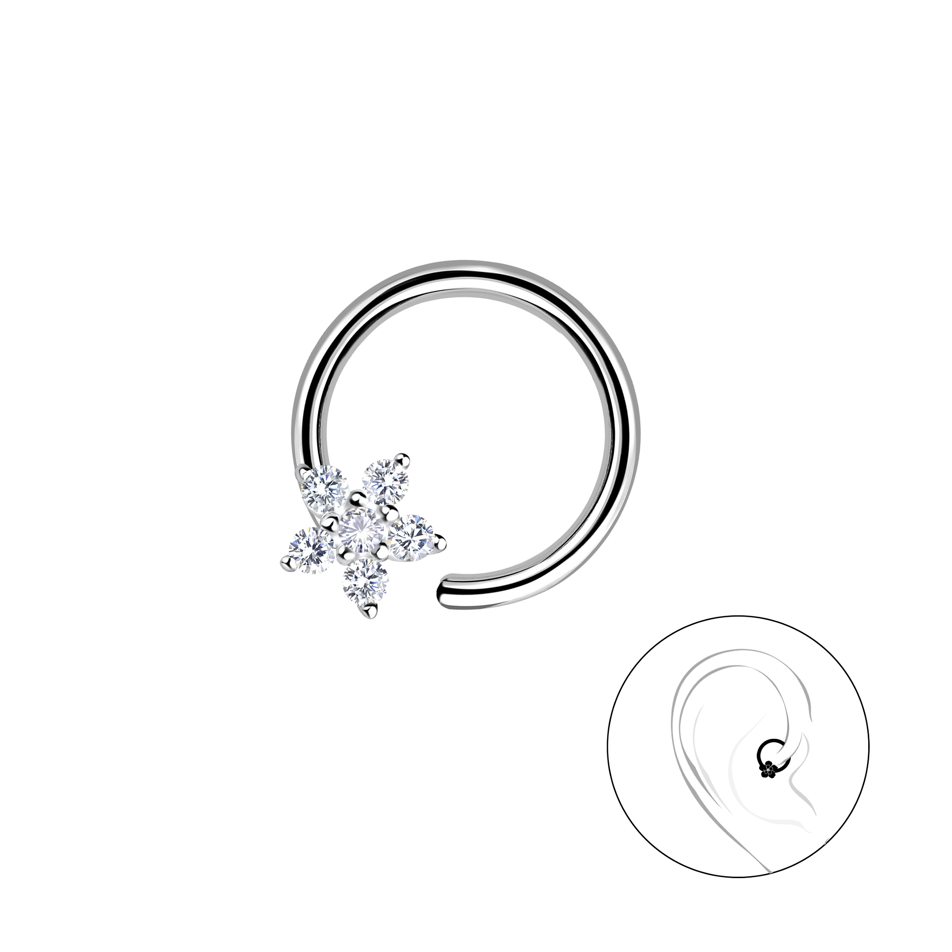 925 Silver Jewelry | Silver Flower Helix Hoop - 20673