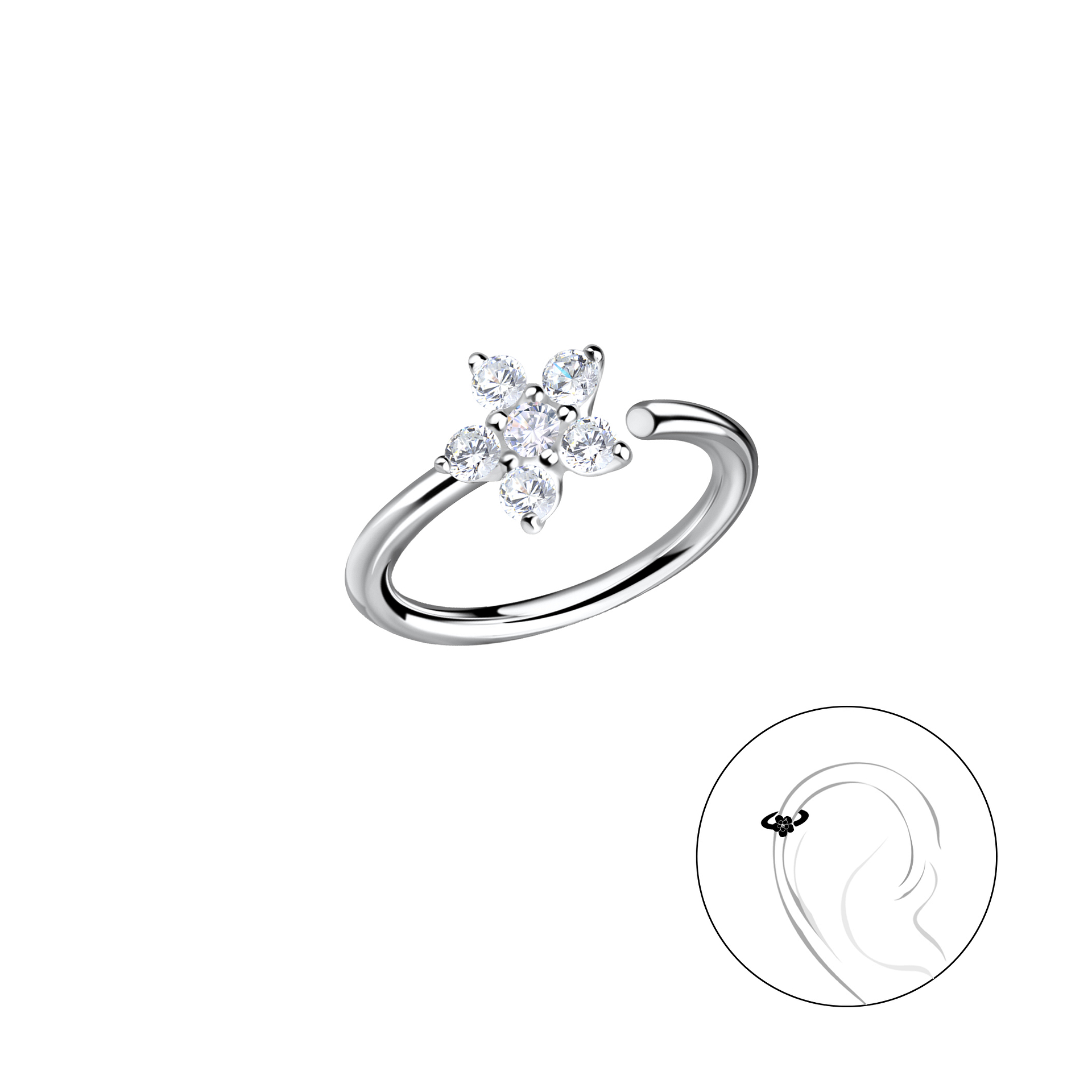 925 Silver Jewelry | Silver Flower Helix Hoop - 20651