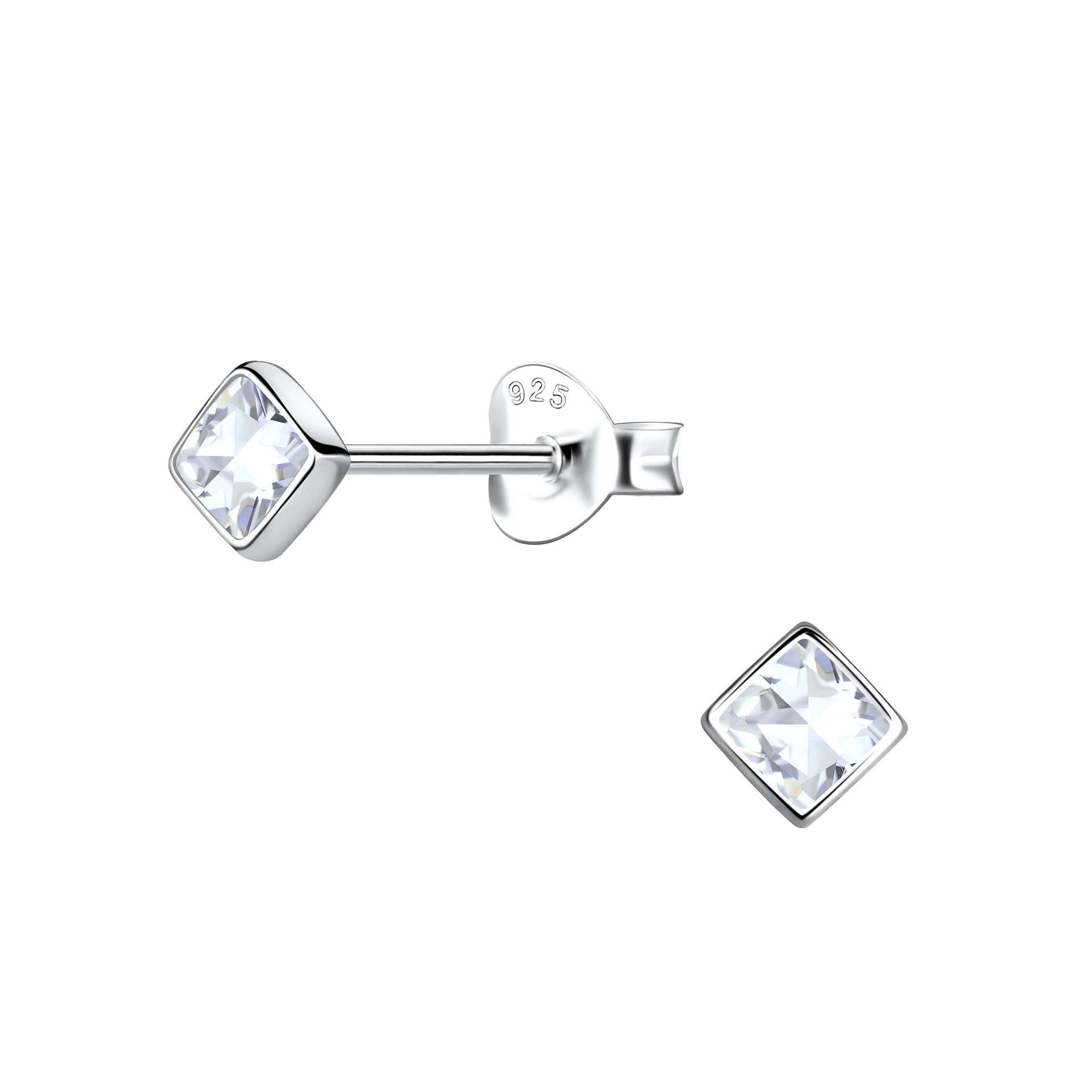 925 Silver Jewelry | 3mm Square Cubic Zirconia Silver Stud Earrings - 20608