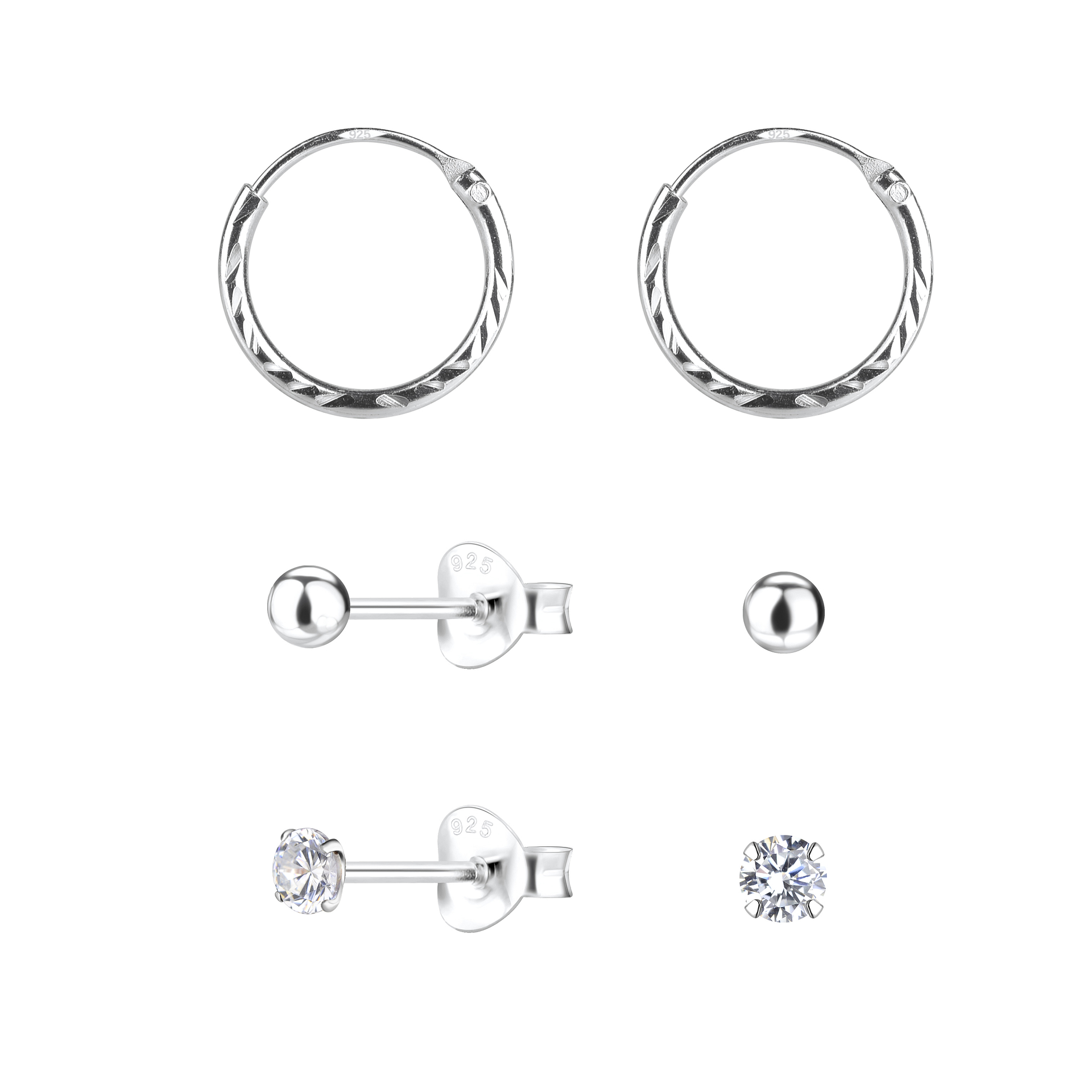925 Silver Jewelry | 3mm Basic Silver Studs And Hoop Earrings Set - 22366