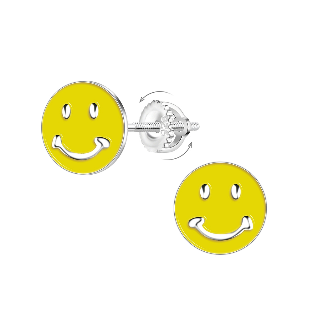 925 Silver Jewelry | Silver Smiley Face Screw Back Earrings - 17389