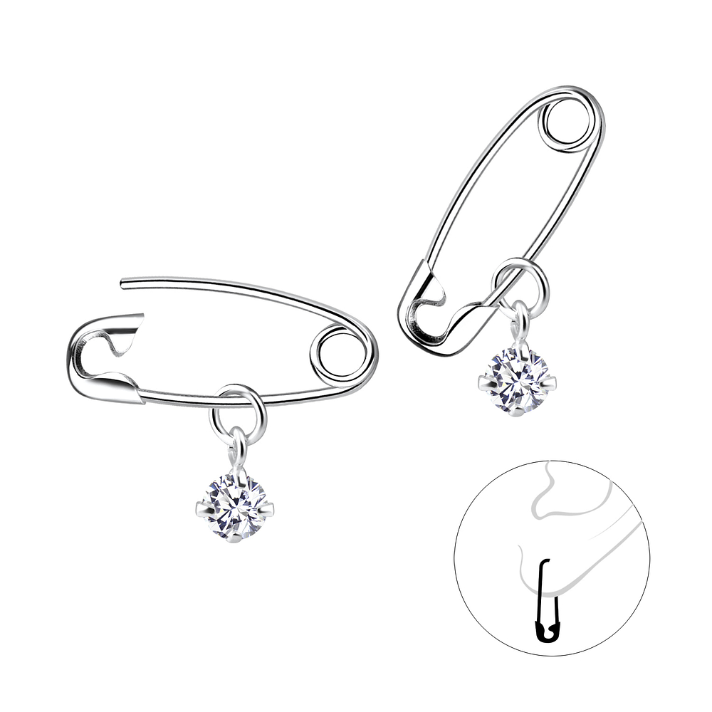 925 Silver Jewelry | Silver Safety Pin Hoop Earrings With Cubic ...