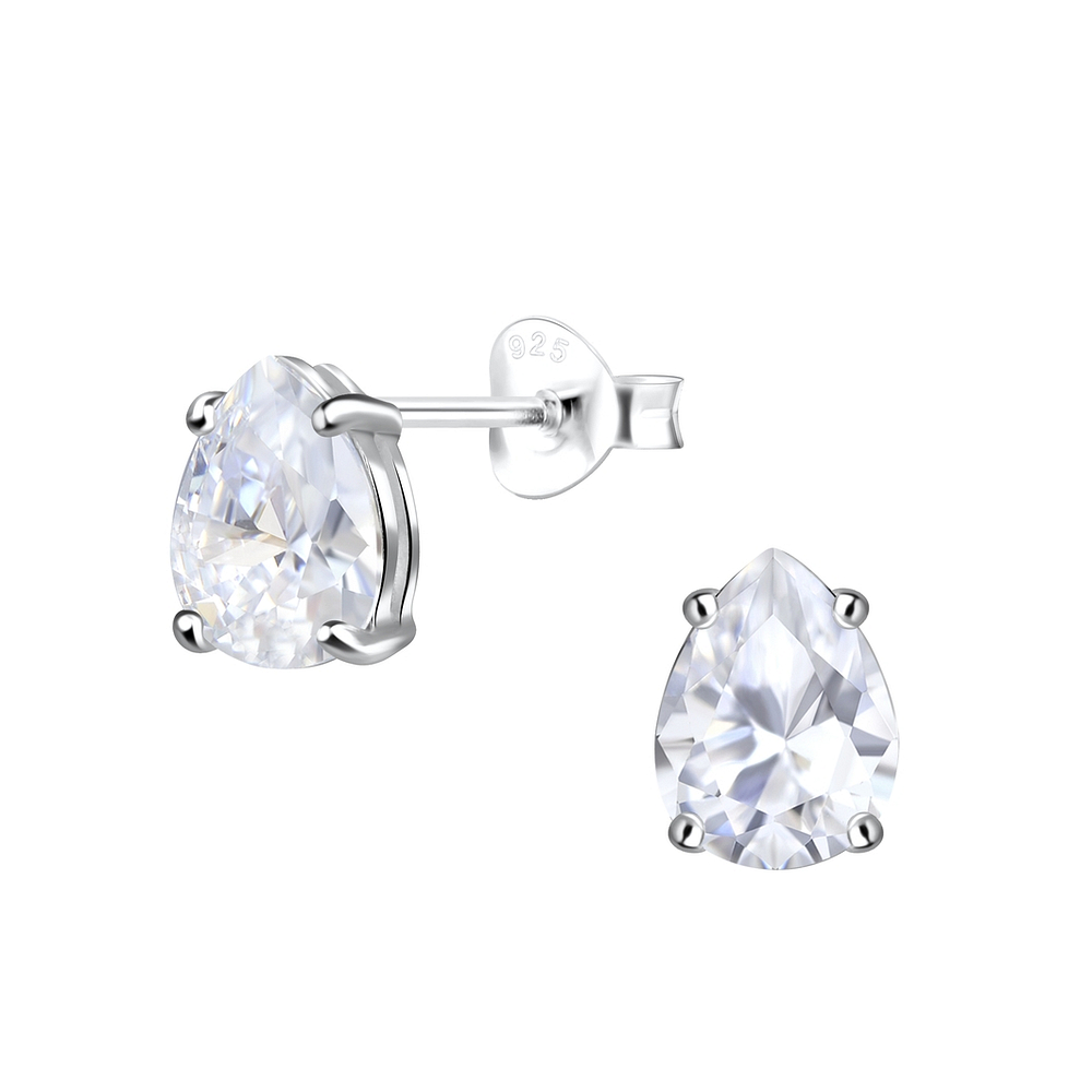 925 Silver Jewelry | 6X8 Pear Cubic Zirconia Silver Stud Earrings - 18082