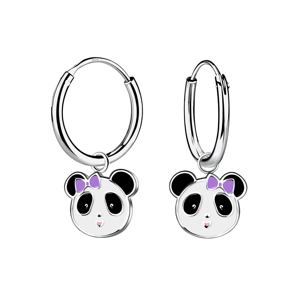 925 Silver Jewelry | Silver Panda Charm Hoop Earrings - 20138
