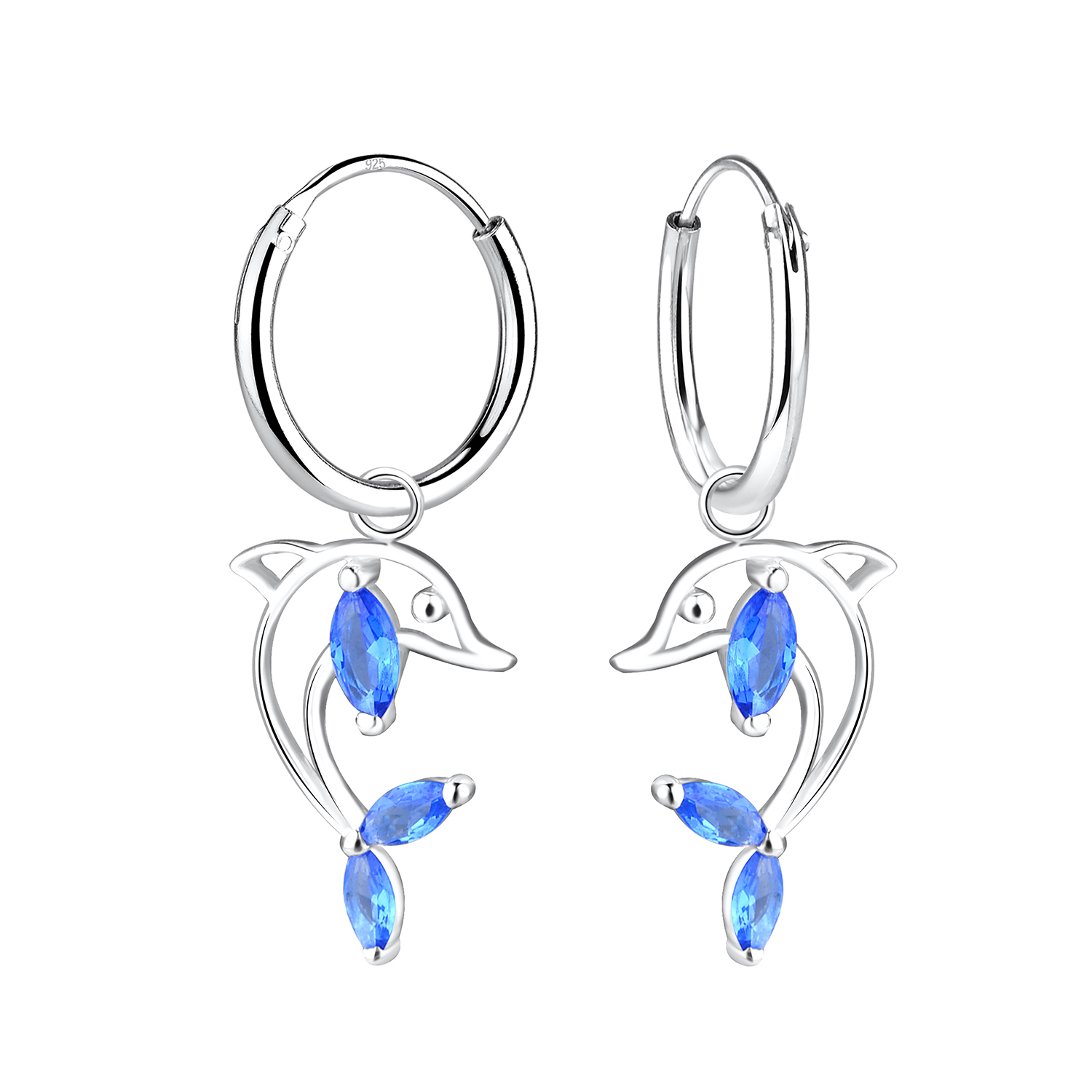 925 Silver Jewelry | Silver Dolphin Charm Hoop Earrings - 8242