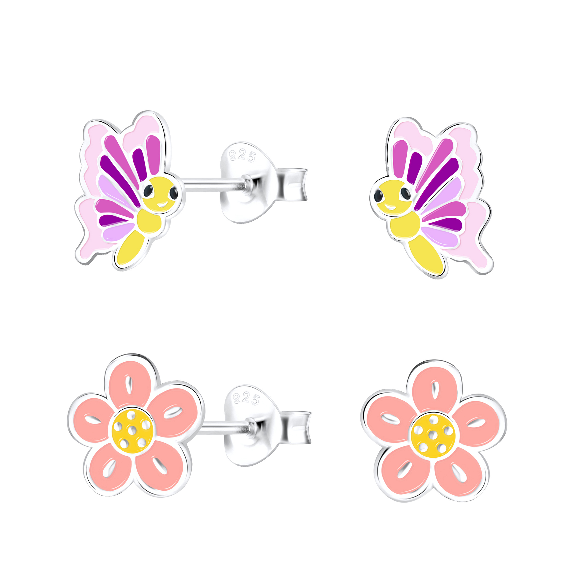 925 Silver Jewelry | Silver Butterfly And Flower Stud Earrings Set - 16825