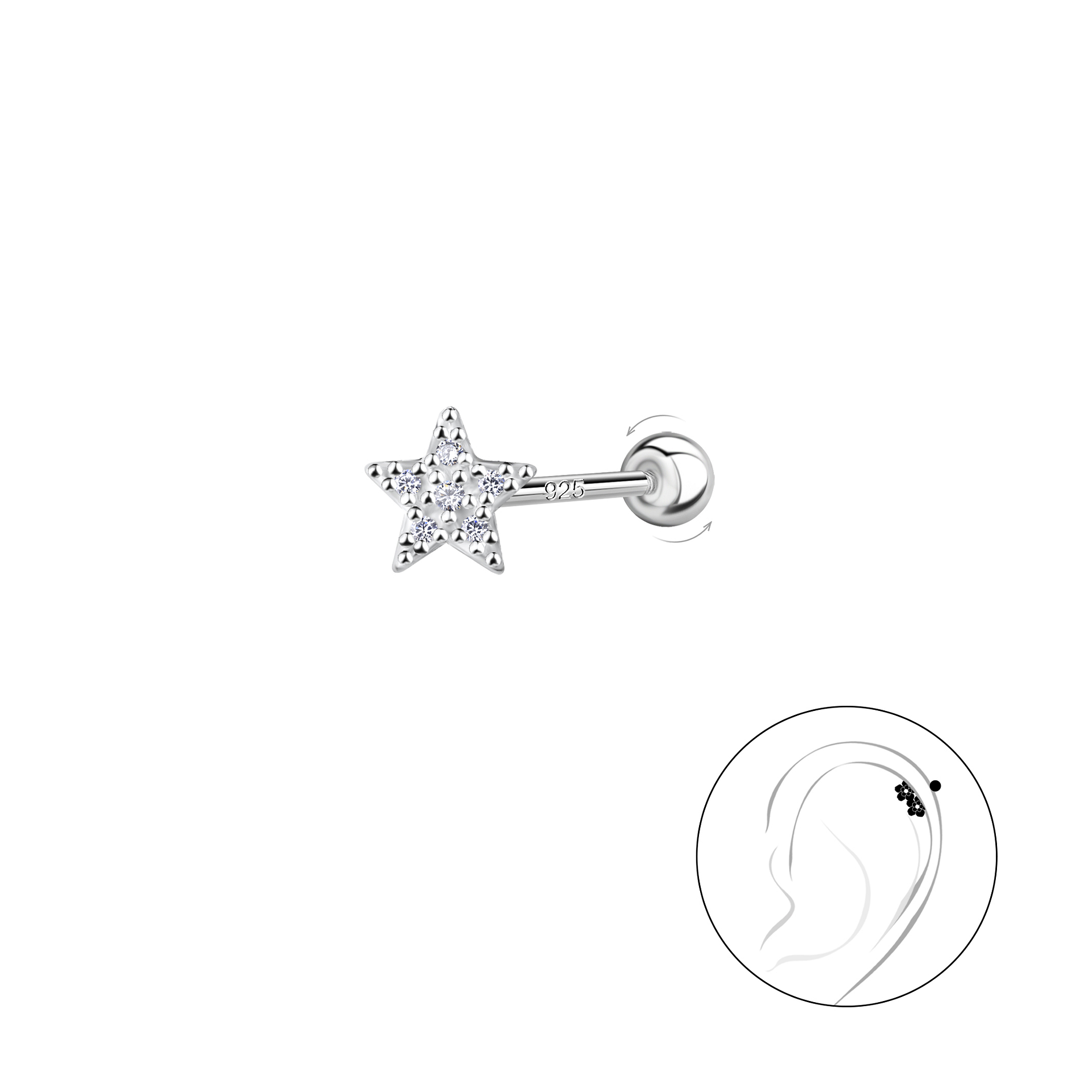 925 Silver Jewelry | Silver Star Cartilage Stud With Silver Ball Screw ...