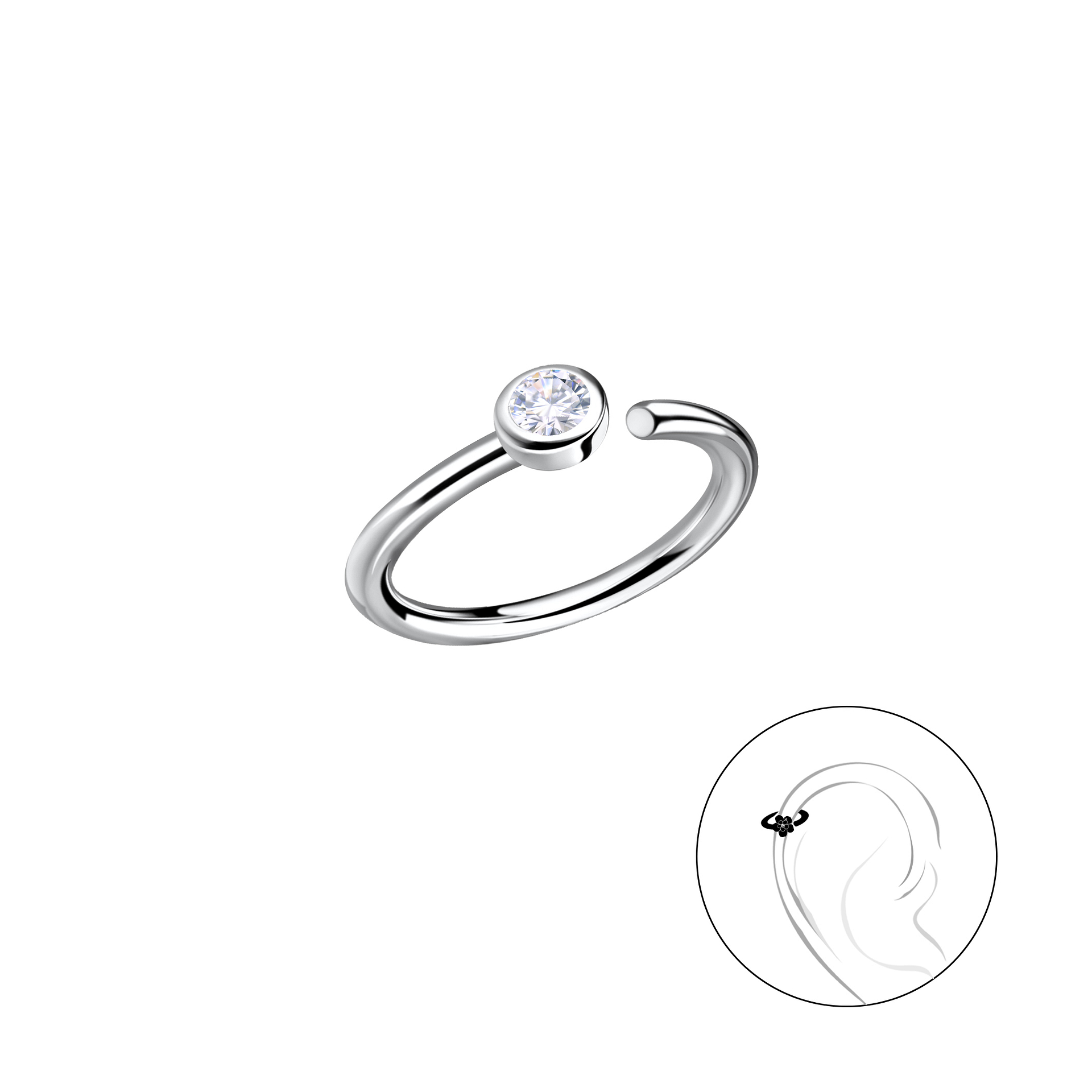 925 Silver Jewelry | Silver Single Stone Helix Hoop - 20641