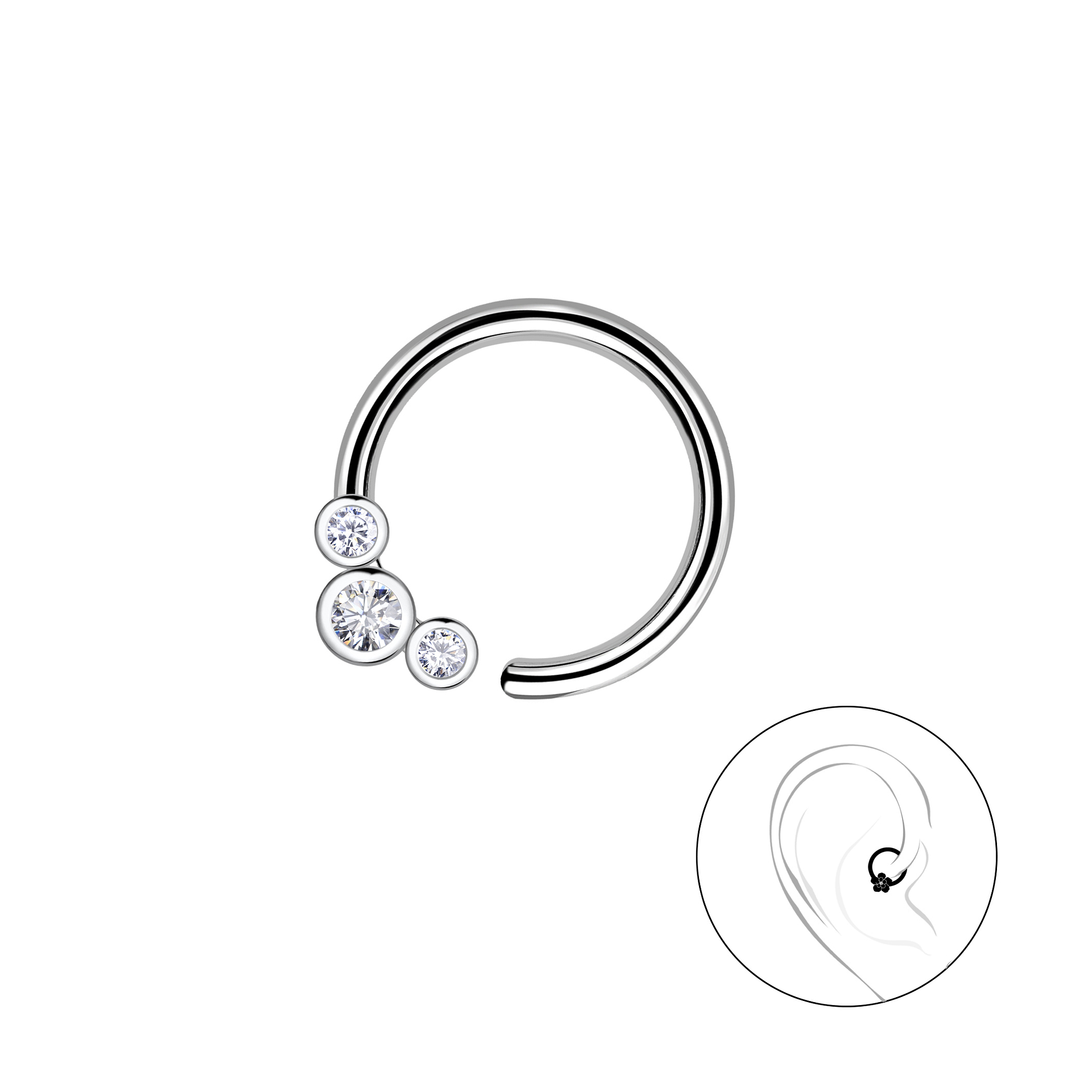 925 Silver Jewelry | Silver Three Stones Helix Hoop - 20635