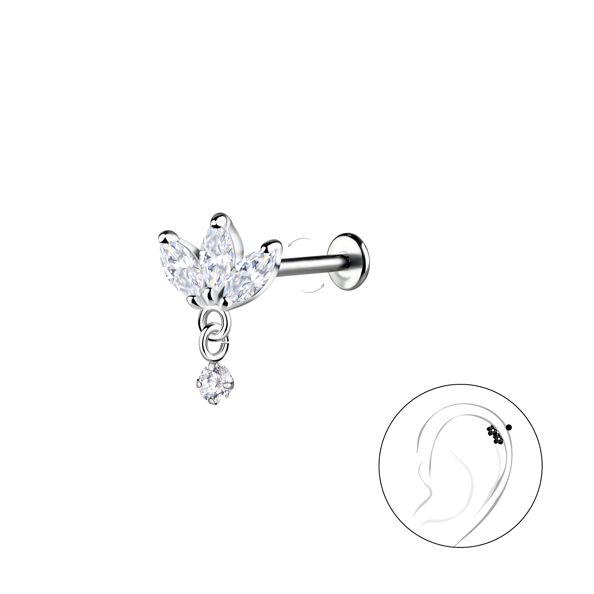 925 Silver Jewelry | Silver Flower With Titanium Labret - 22734